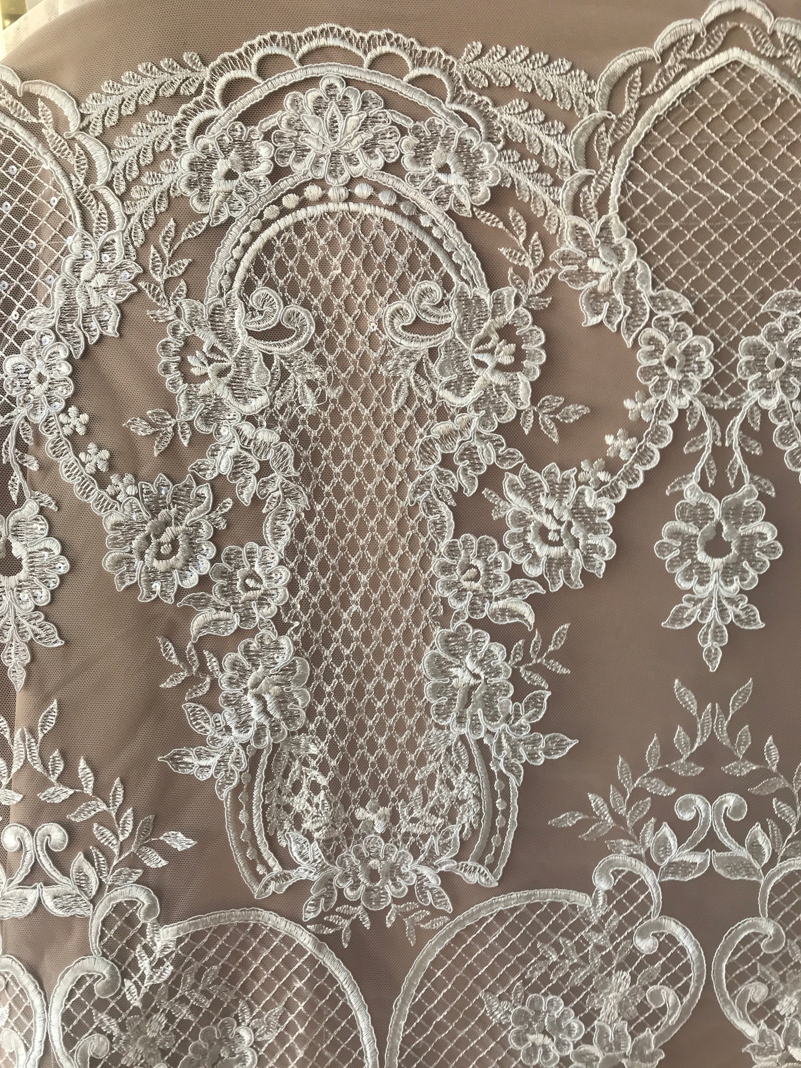 White Corded Lace Fabric, Baroque Design Lace, Clear Sequins, Bridal ...