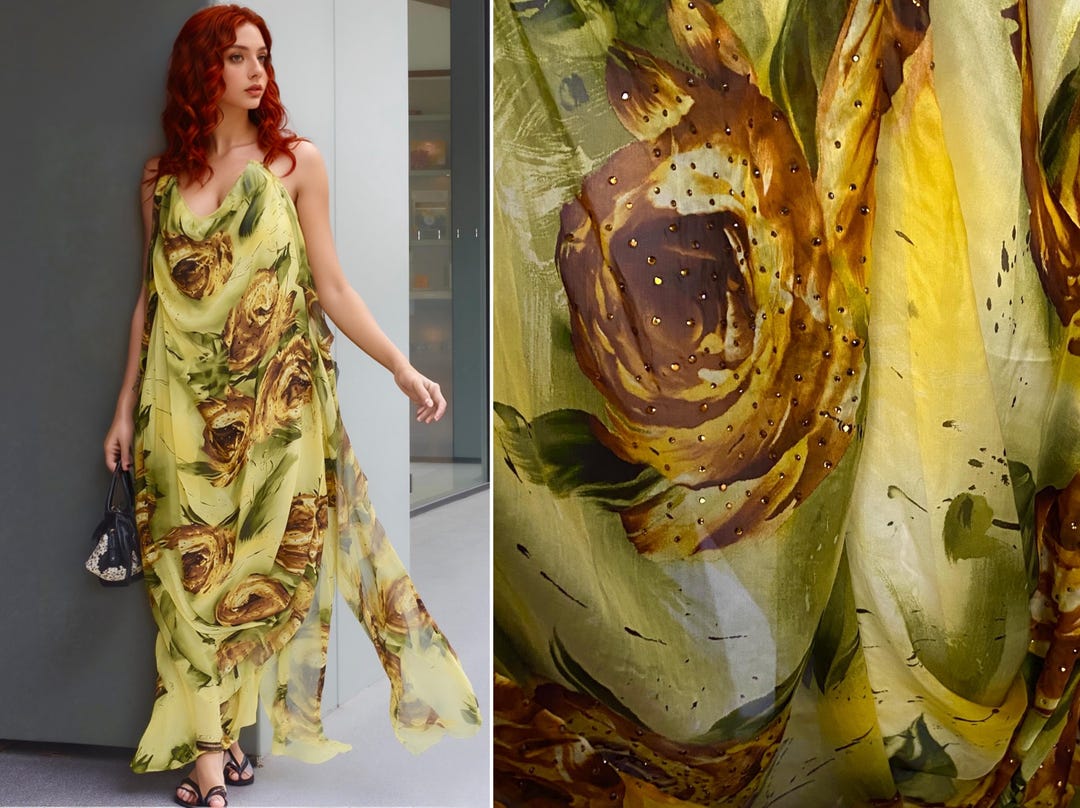 Large Floral Multi Colored Silk Chiffon Fabric With Crystals Orange ...