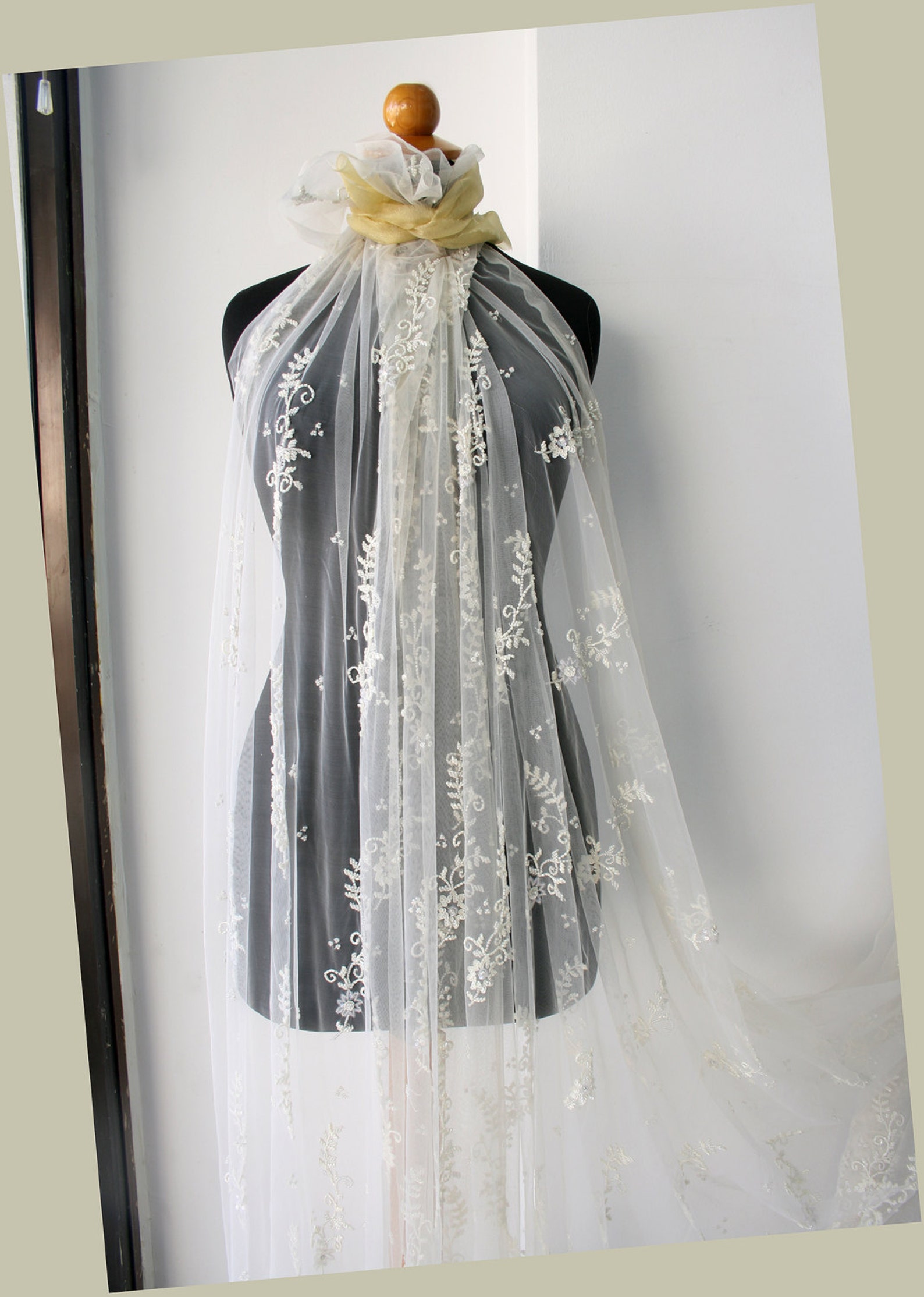Bridal Lace Fabric Beaded Tulle Cream Color Embroidery Beads Sequins ...