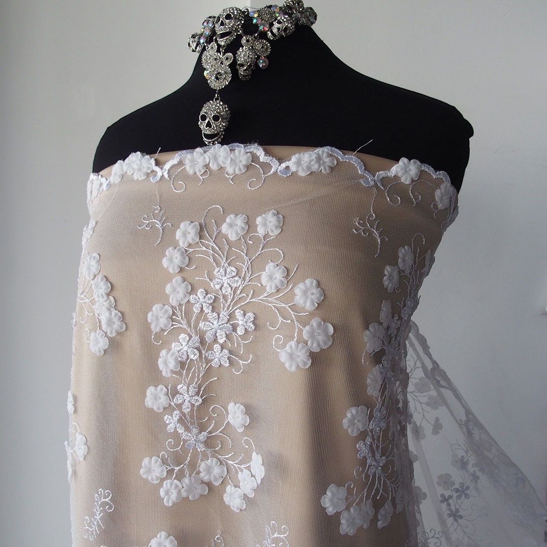 White Bridal Lace Fabric Tulle, Netting Embroidered 3D Flowers Fabric ...