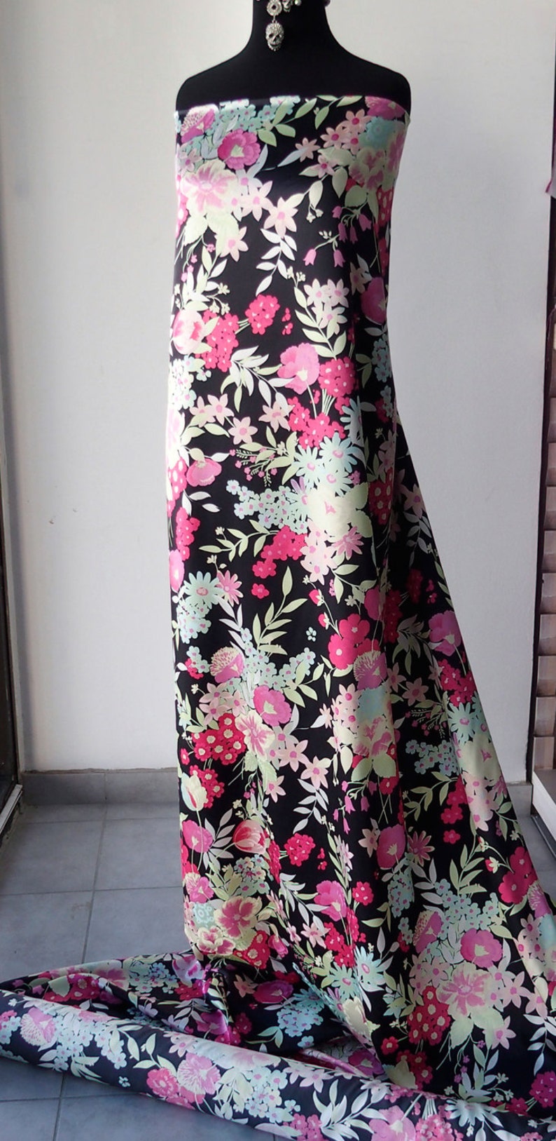Large Floral Print Silk Satin Fabric 2 Way Stretch Silk Elastane ...