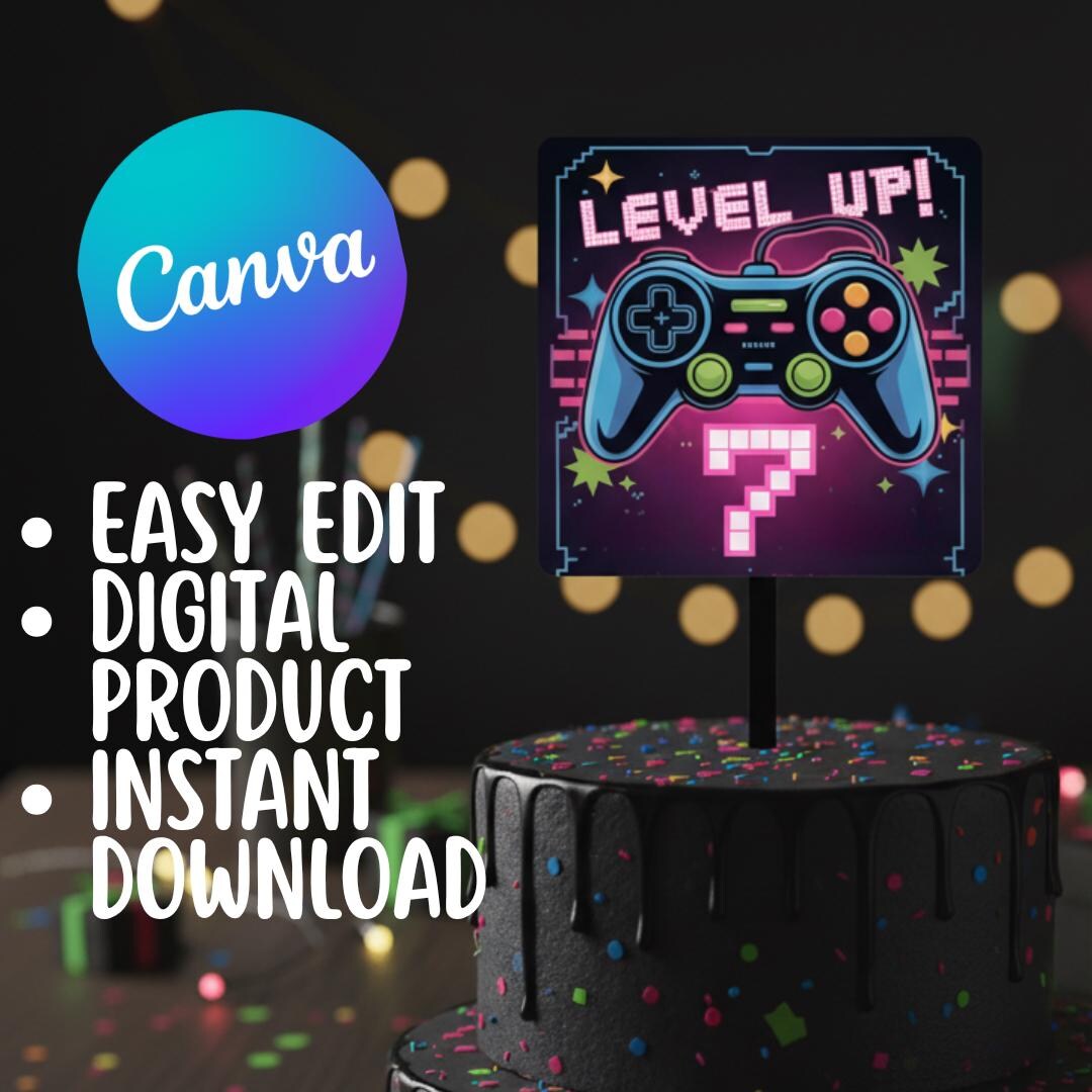 Level up Cake Topper: Pixelated Gamer Birthday Decoration (digital ...