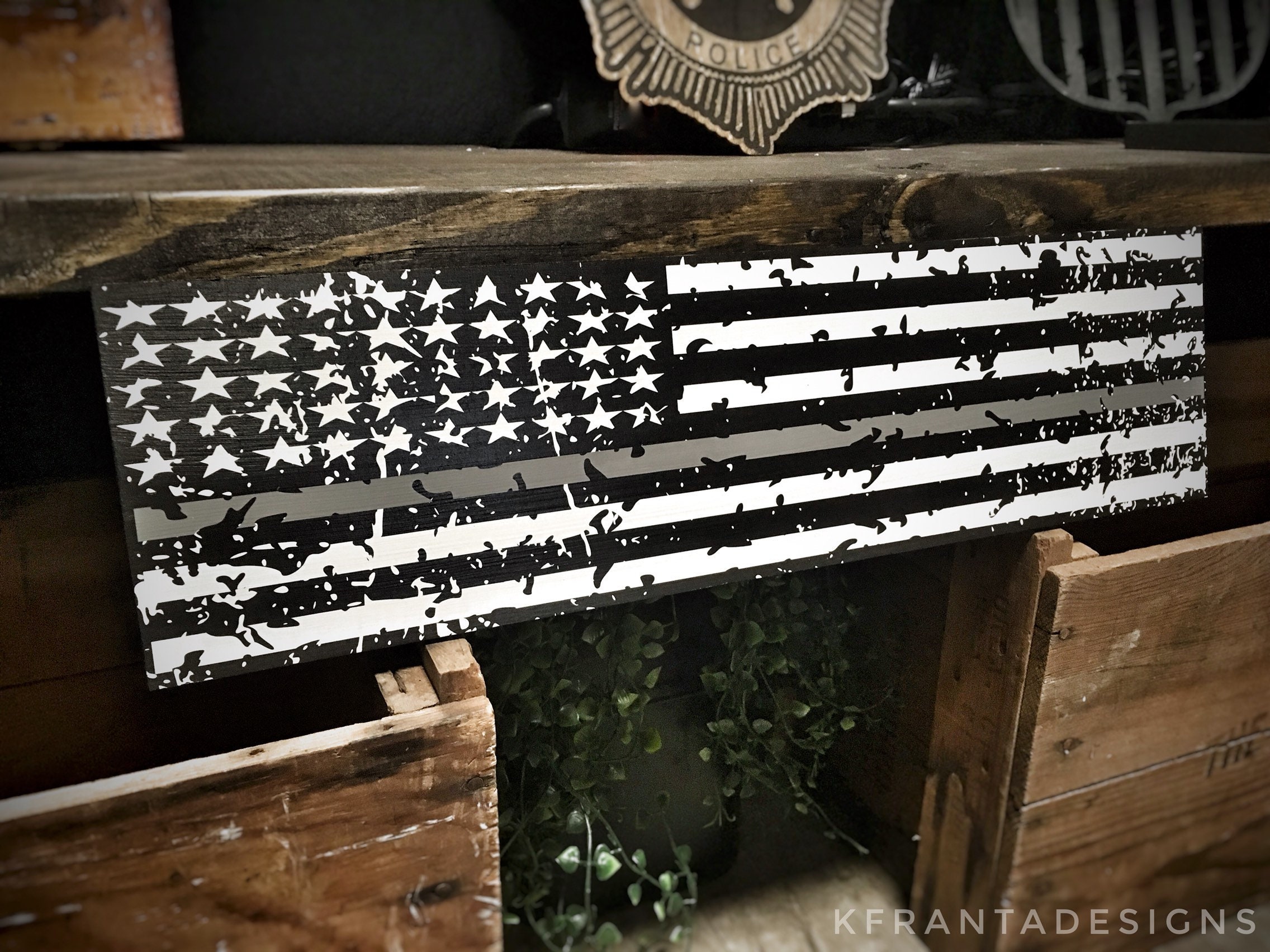 Thin Grey Line American Flag Distressed Look Wood Sign | Etsy