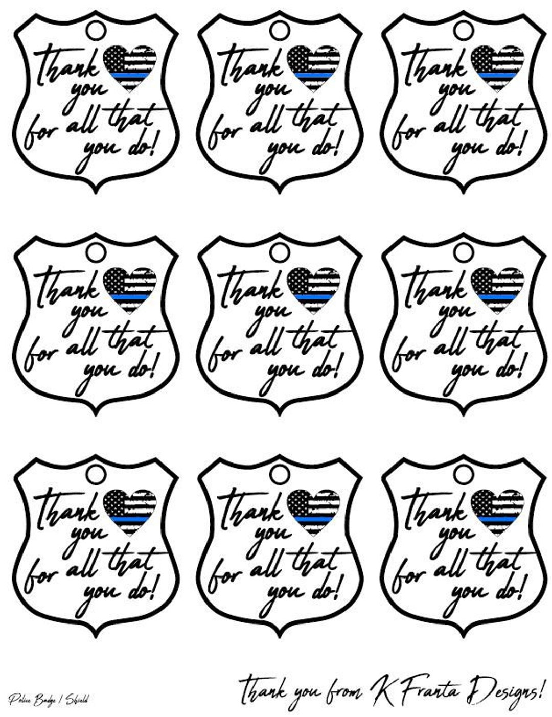 Police Badge Thank You Tag Thin Blue Line Heart Flag Printable Gift ...