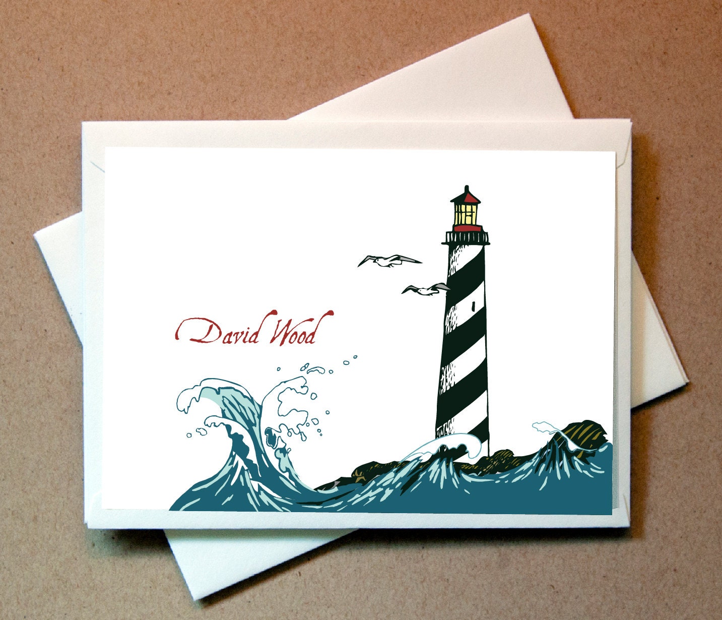 Quni Brand Lighthouse Personalized Note Card (25 Cards and Envelopes ...