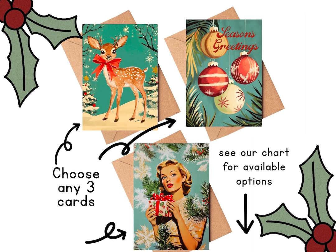 Vintage/retro Style Christmas Card - Bundle of Three You Choose Your ...