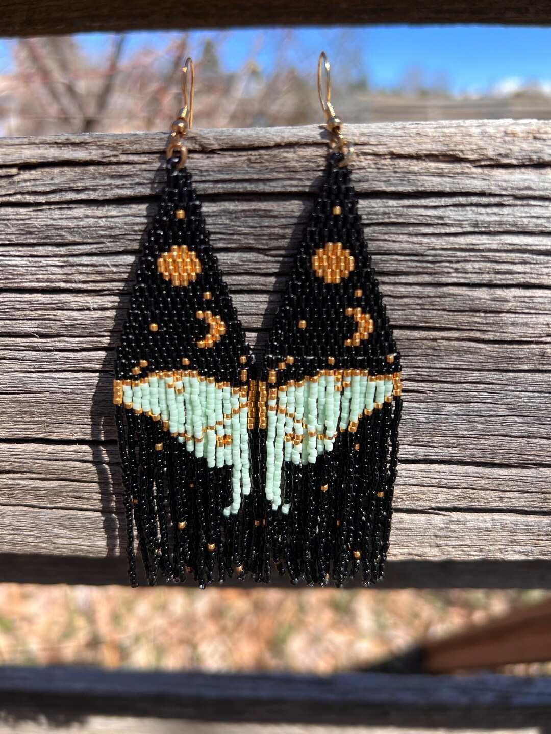 Luna Moth Wing Seed Bead Brickstitch Dangle Drop Earrings Black, Gold ...