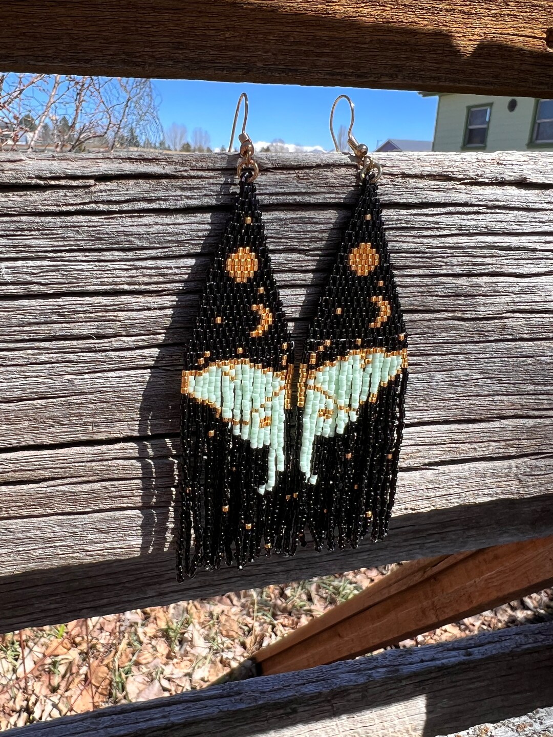Luna Moth Wing Seed Bead Brickstitch Dangle Drop Earrings Black, Gold ...