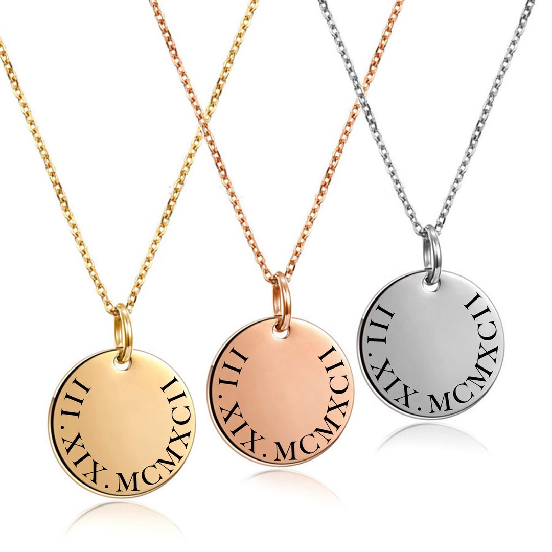 Personalized Disc Necklace - Roman Numeral Birthday- Gold, Rose Gold ...
