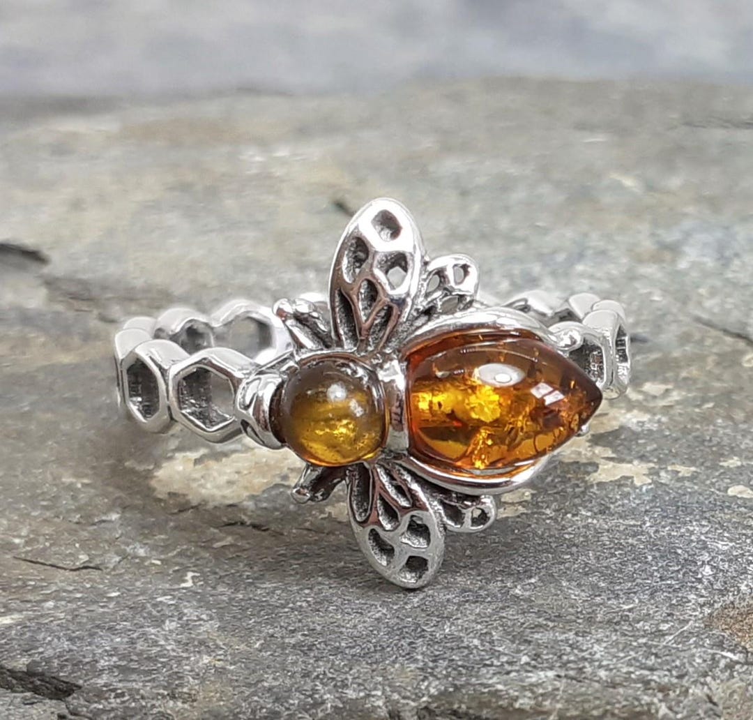 Cognac Baltic Amber Bumble Honey Bee 925 Sterling Silver Ring Size R,T ...