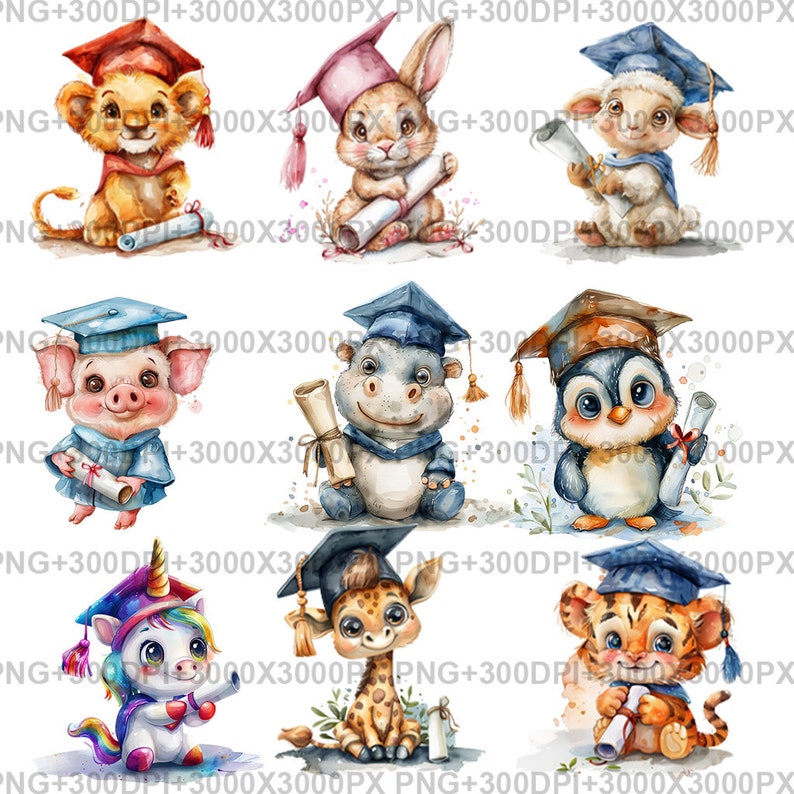 Graduation Animals Clipart Bundle, 20 PNG Watercolor Cute Baby Animal ...