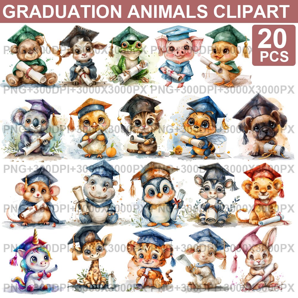 Graduation Animals Clipart Bundle, 20 PNG Watercolor Cute Baby Animal ...