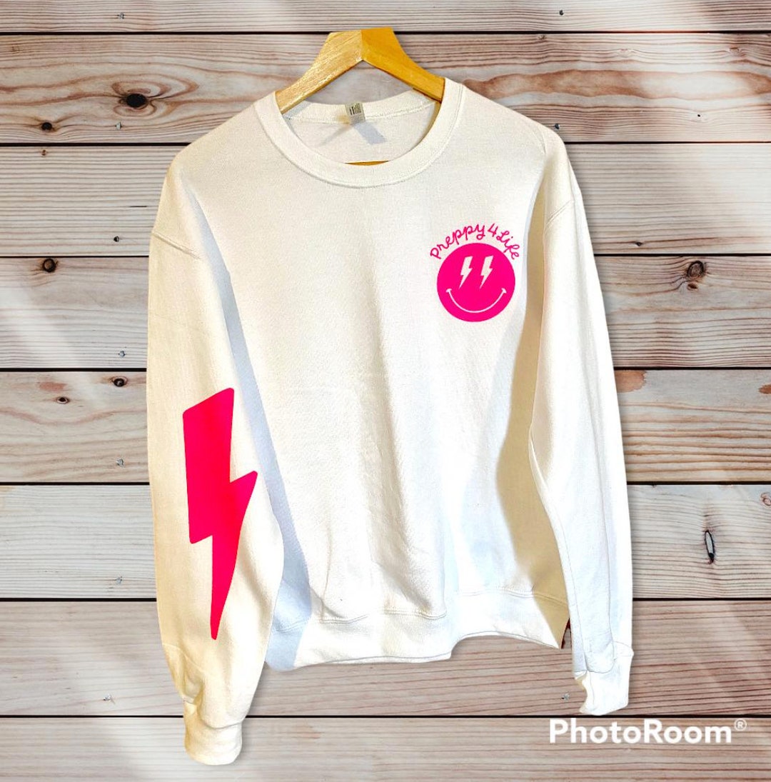 Preppy 4 Life Smiley Face Lightening Bolt Crewneck Hot Pink - Preppy ...