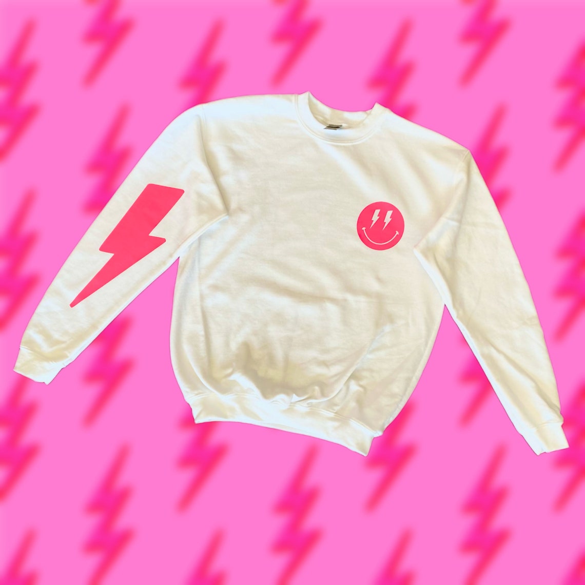 Smiley Face Lightening Bolt Crewneck Hot Pink Preppy Clothes, Cute ...