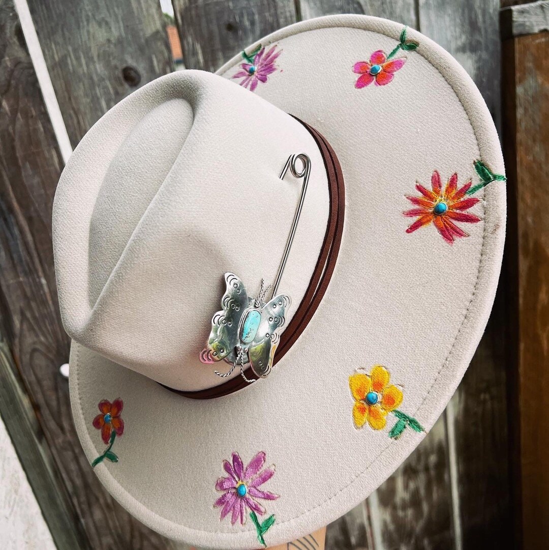 Hand Painted Flower Fedora With Vintage Sterling Silver and - Etsy