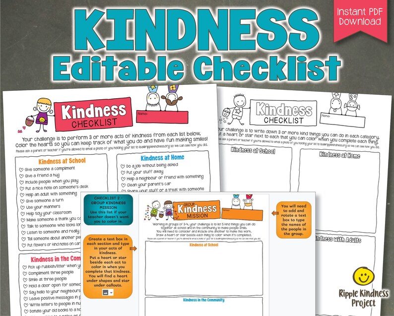Editable Kindness Checklists for Kids Customize in Google - Etsy