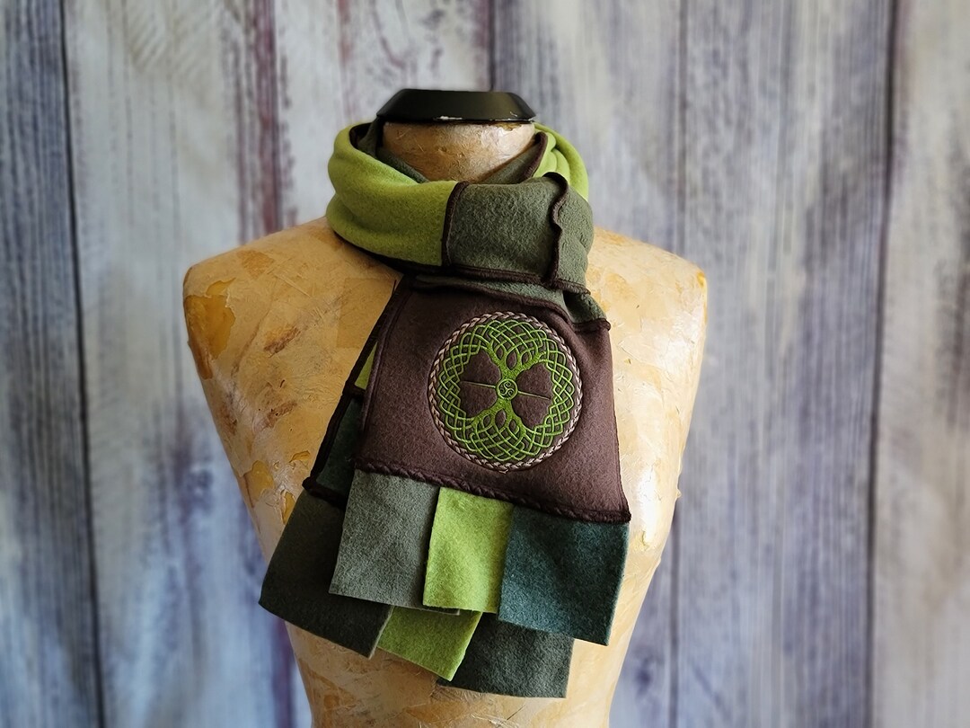 Celtic Tree of Life Green Brown Patchwork Fleece Scarf Embroidered ...