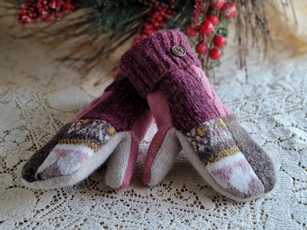 Patchwork Sweater Mittens Upcycled Rose Colored Mittens Wool Blend ...