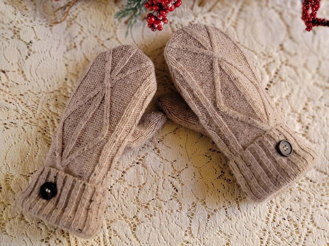 Cable Knit Sweater Mittens Upcycled Mad Mittens Deep Beige/cream Wool ...