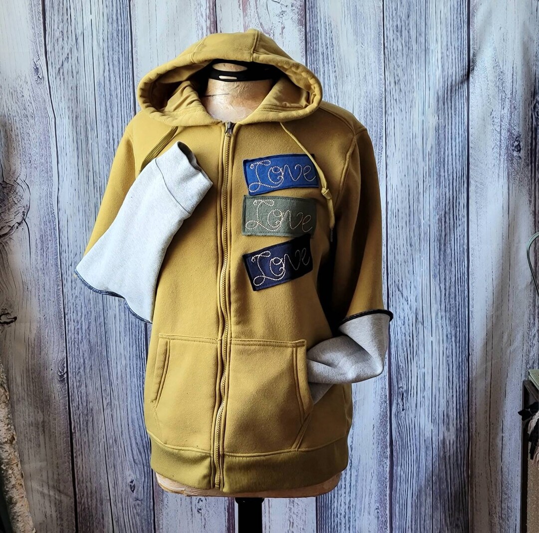 Chartreuse Love Full Zip Hoodie Upcycled Embroidered Text Patches ...