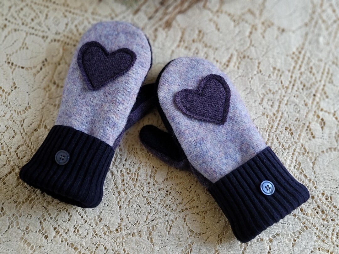 Purple and Navy Sweater Mittens Upcycled Heart Mittens Mad Mittens Wool ...