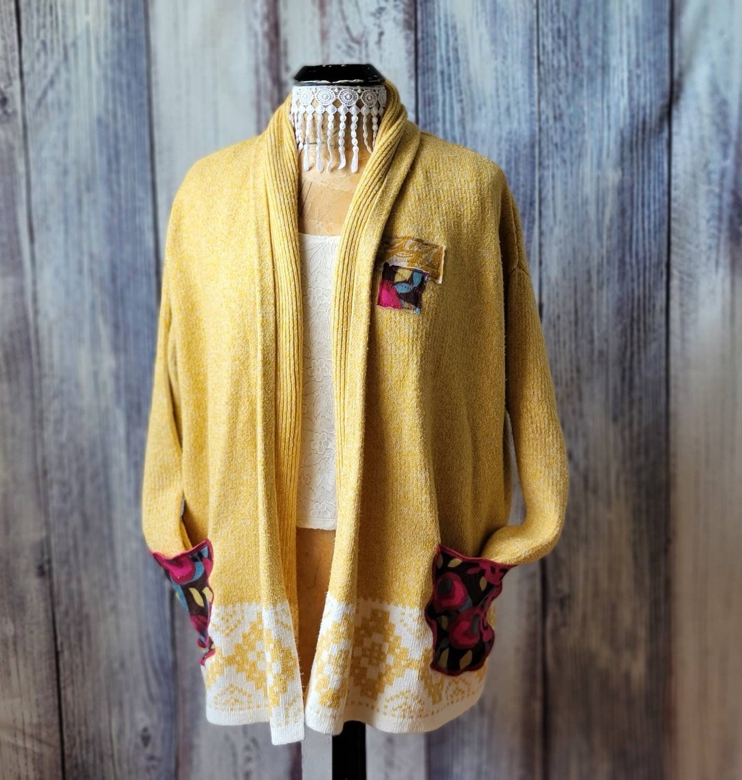 Upcycled Cardigan Yellow Soft Knit Cardigan Remade Sweater Rosy Pockets ...