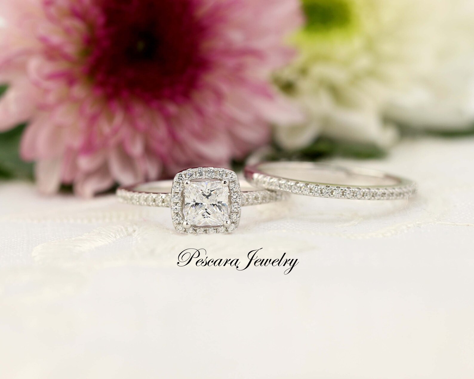 Princess Cut Engagement Ring Set, Princess Halo Engagement Ring, Dainty ...