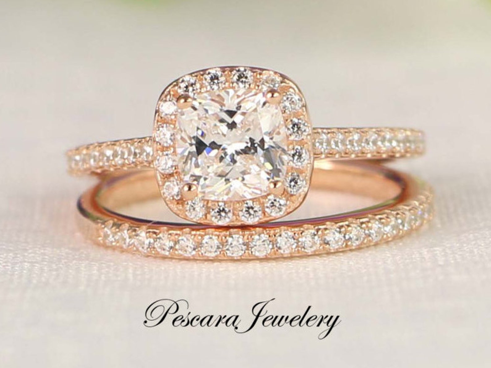 1.57 Ct.tw Rose Gold Cushion Cut Engagement Ring Set Cushion - Etsy