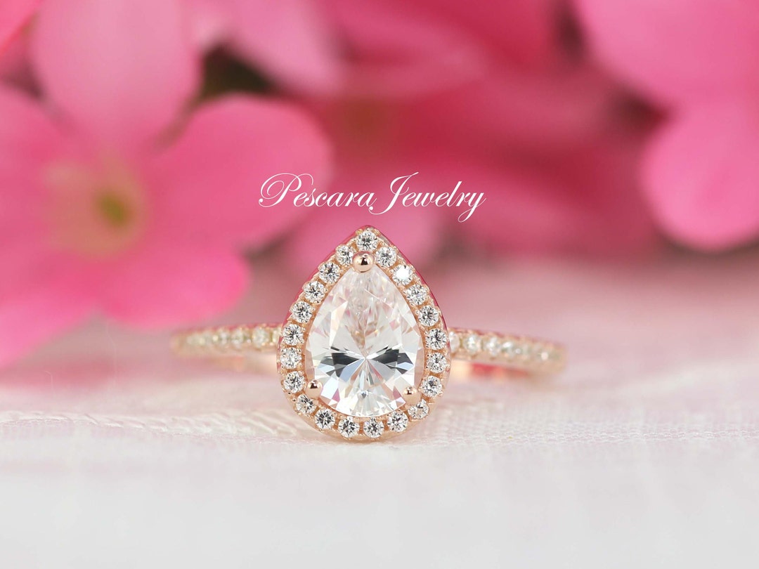 Rose Gold CZ Pear Engagement Ring - Pear Cut Ring - Pear Halo Ring ...