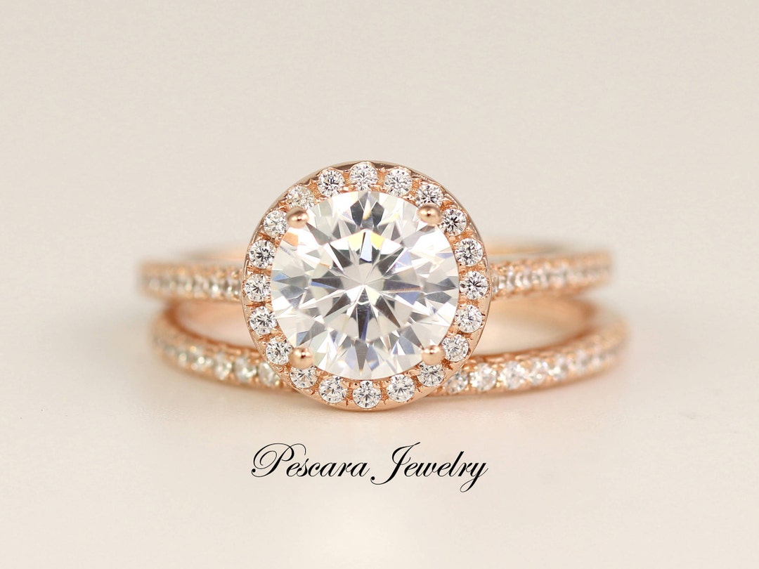 Rose Gold Engagement Ring, 2 Carat Round Halo Engagement Ring, Wedding ...