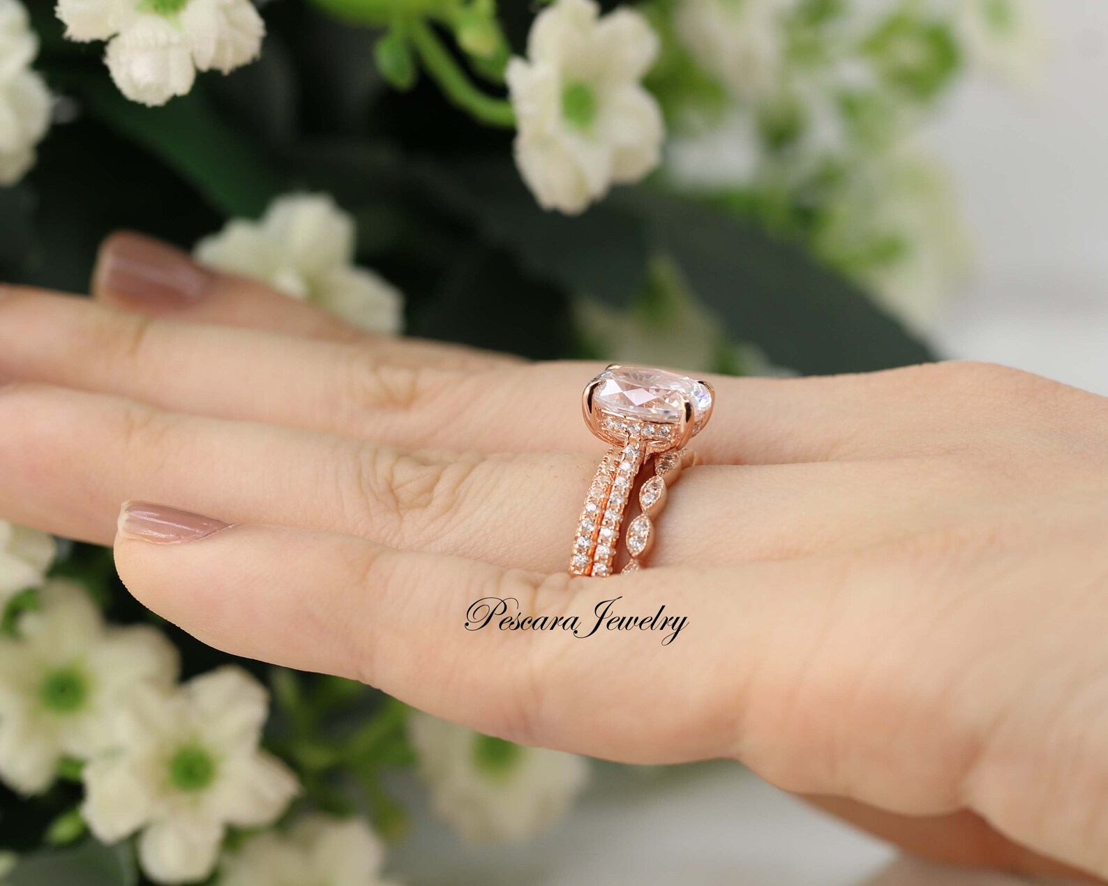 Wedding Ring Set Rose Gold Oval Engagement Ring Set Oval | Etsy