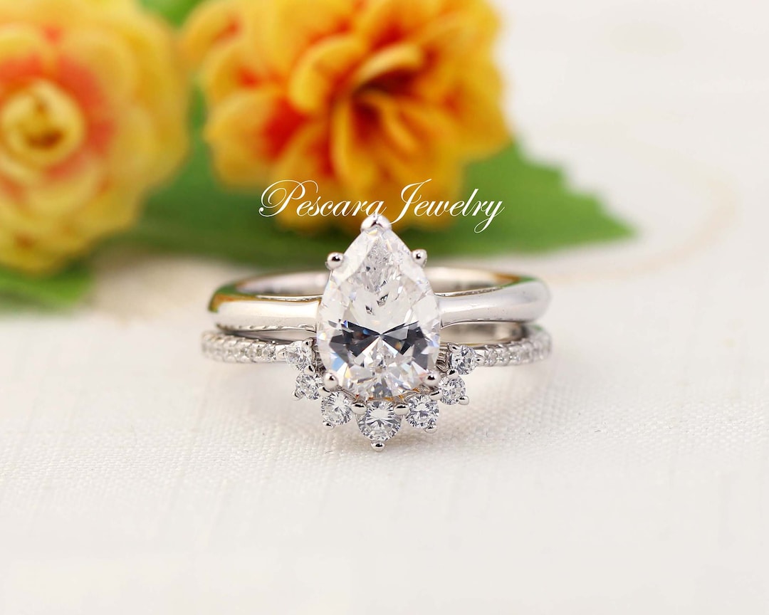 2ct Pear Shaped Engagement Ring Set, Pear Cut Solitiare Ring With Curve ...