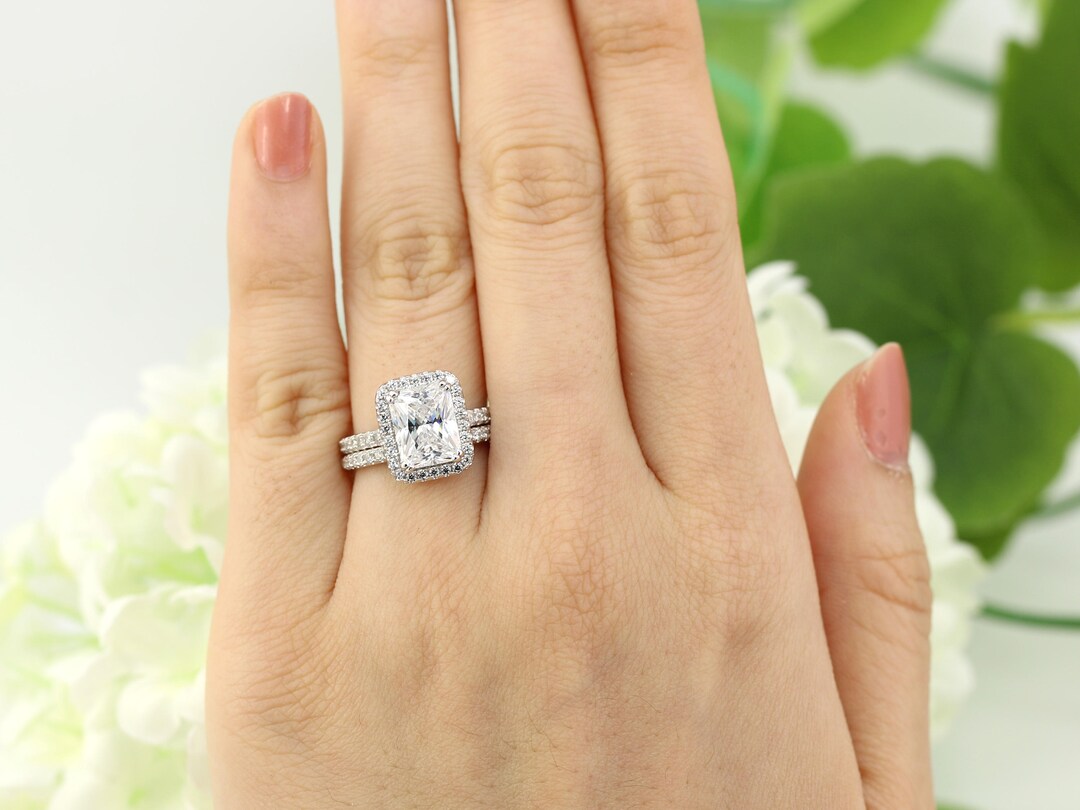 3CT Radiant Cut Engagement Ring, Halo Engagement Ring, Wedding Ring Set ...