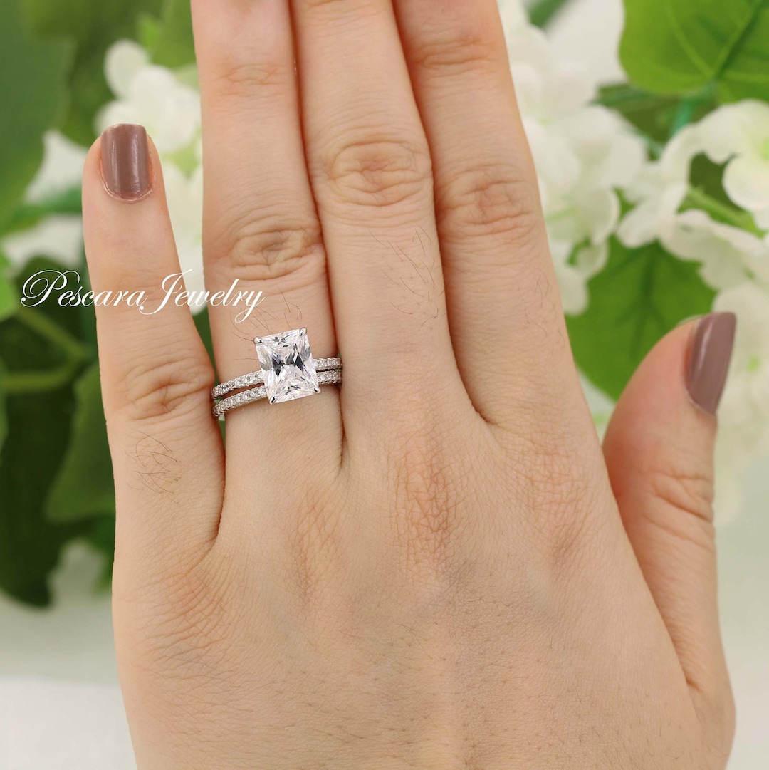 3ct Radiant Cut Engagement Ring Set, (9x7mm)) Radiant Solitaire Ring ...
