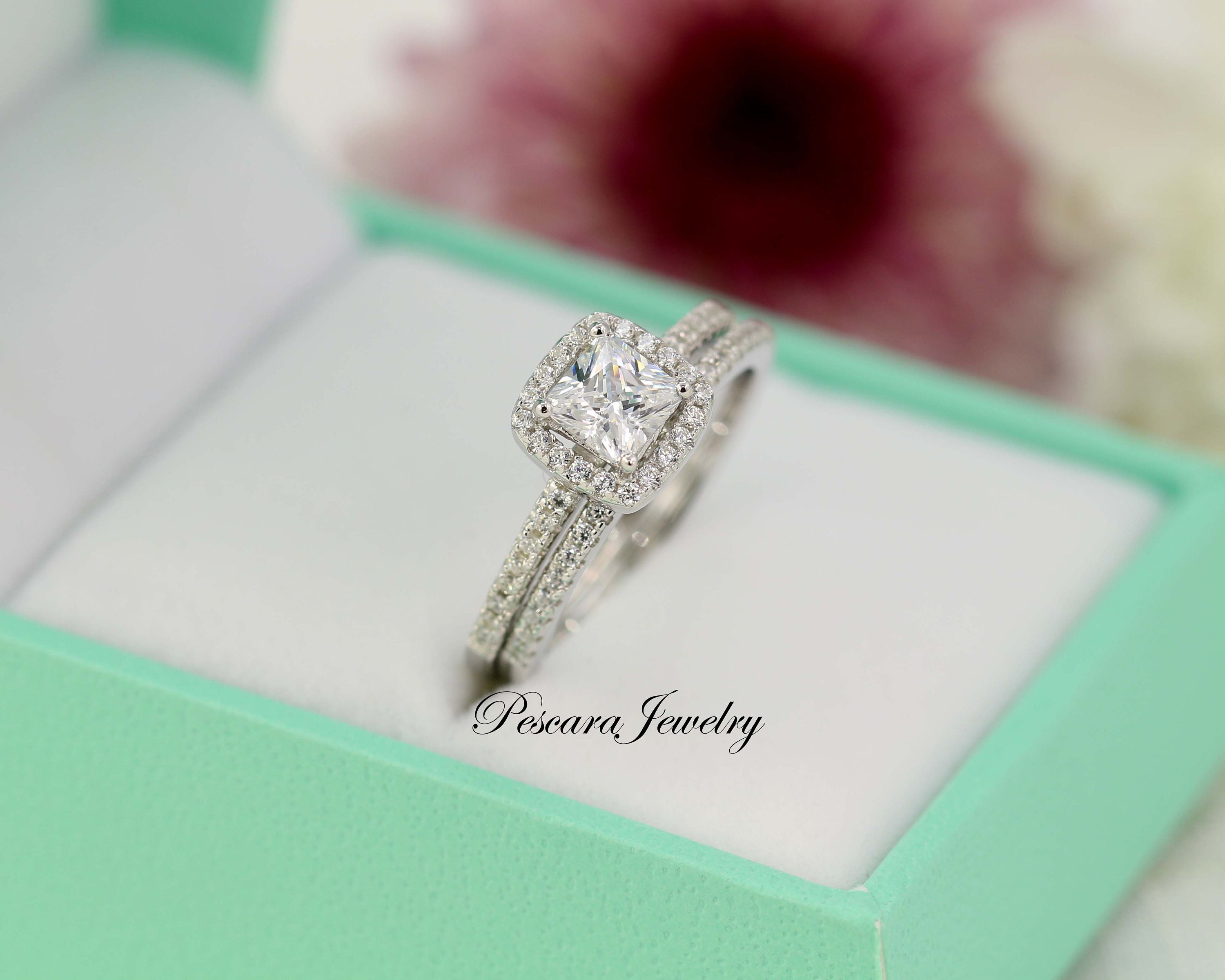 Princess Cut Engagement Ring Set, Princess Halo Engagement Ring, Dainty ...