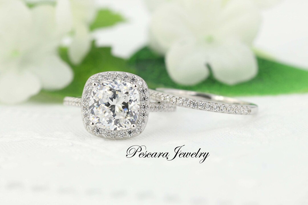 Wedding Ring Set, Cushion Cut Ring, Cushion Halo Engagement Ring, Cubic ...