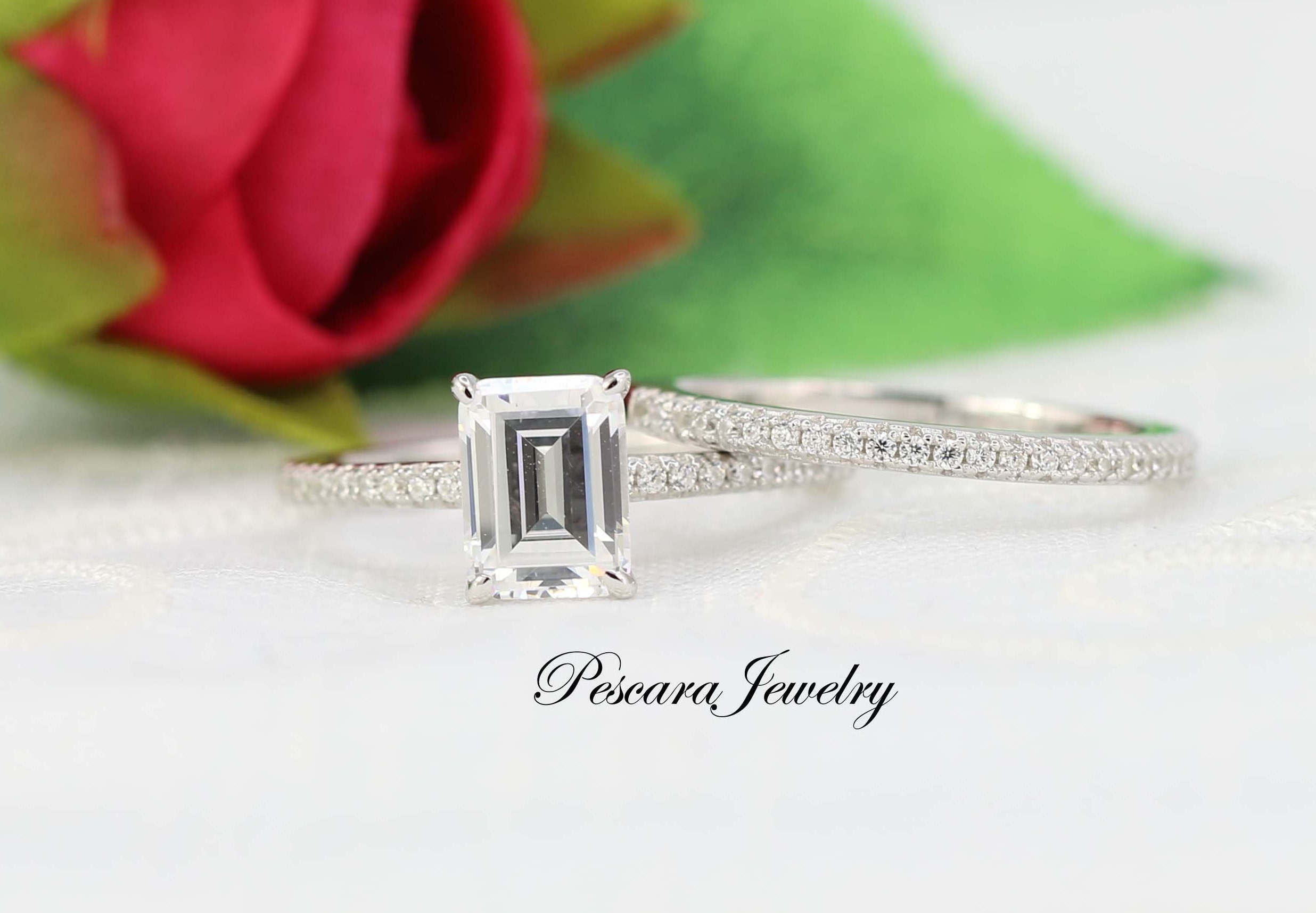 1.5ct Emerald Cut Wedding Ring Set Emerald Solitaire Ring | Etsy