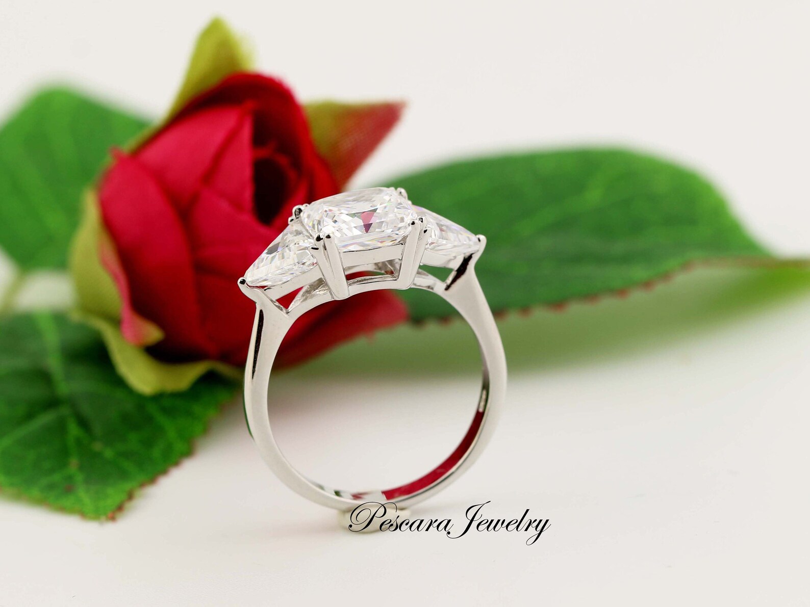 4.2ctw Three Stone Princess Cut Engagement Ring, CZ Princess Cut ...