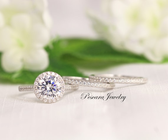 3ct Round Halo Engagement Ring Set Round Cut Wedding ring set 3 Carat Round Promise Ring Sterling Silver