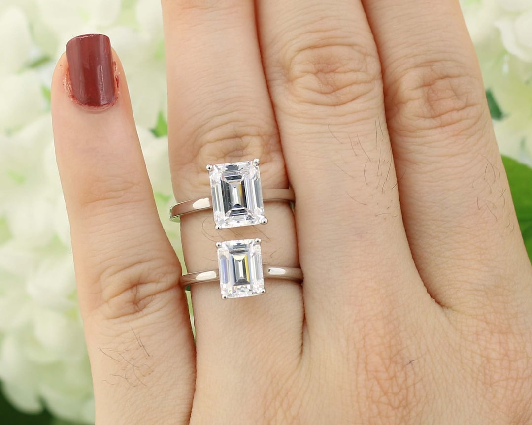Emerald Cut Solitaire Engagement Ring, CZ Diamond Simulants Emerald Cut ...