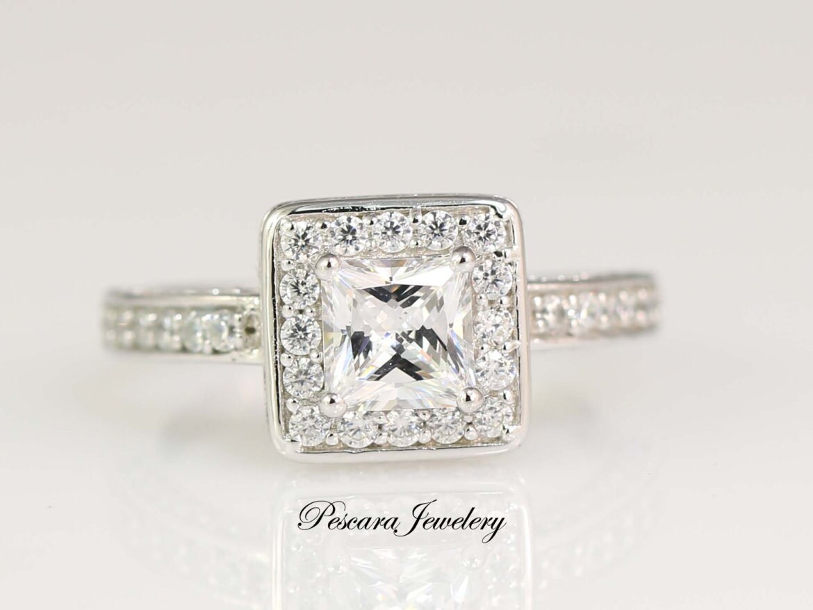 1.75ctw Princess Cut Engagement Ring, Princess Halo Ring, Bridal Ring ...