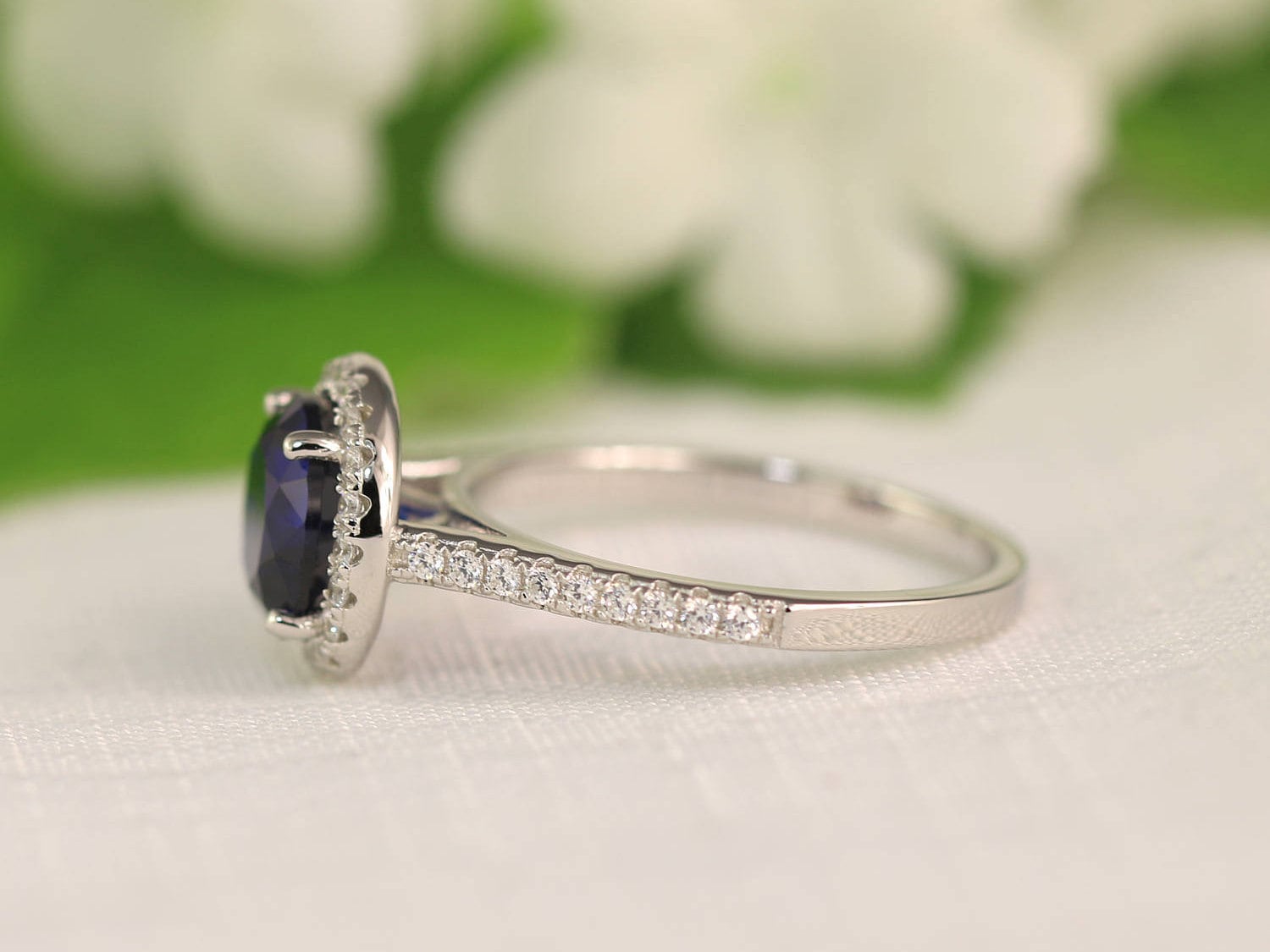 Silver Blue Sapphire Ring, Round Blue Sapphire Engagement Ring, Round ...