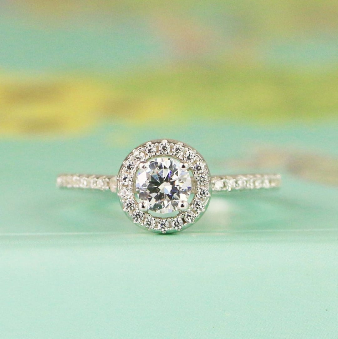 Round Halo Ring - Sterling Silver Ring - Halo Engagement Ring - Round ...