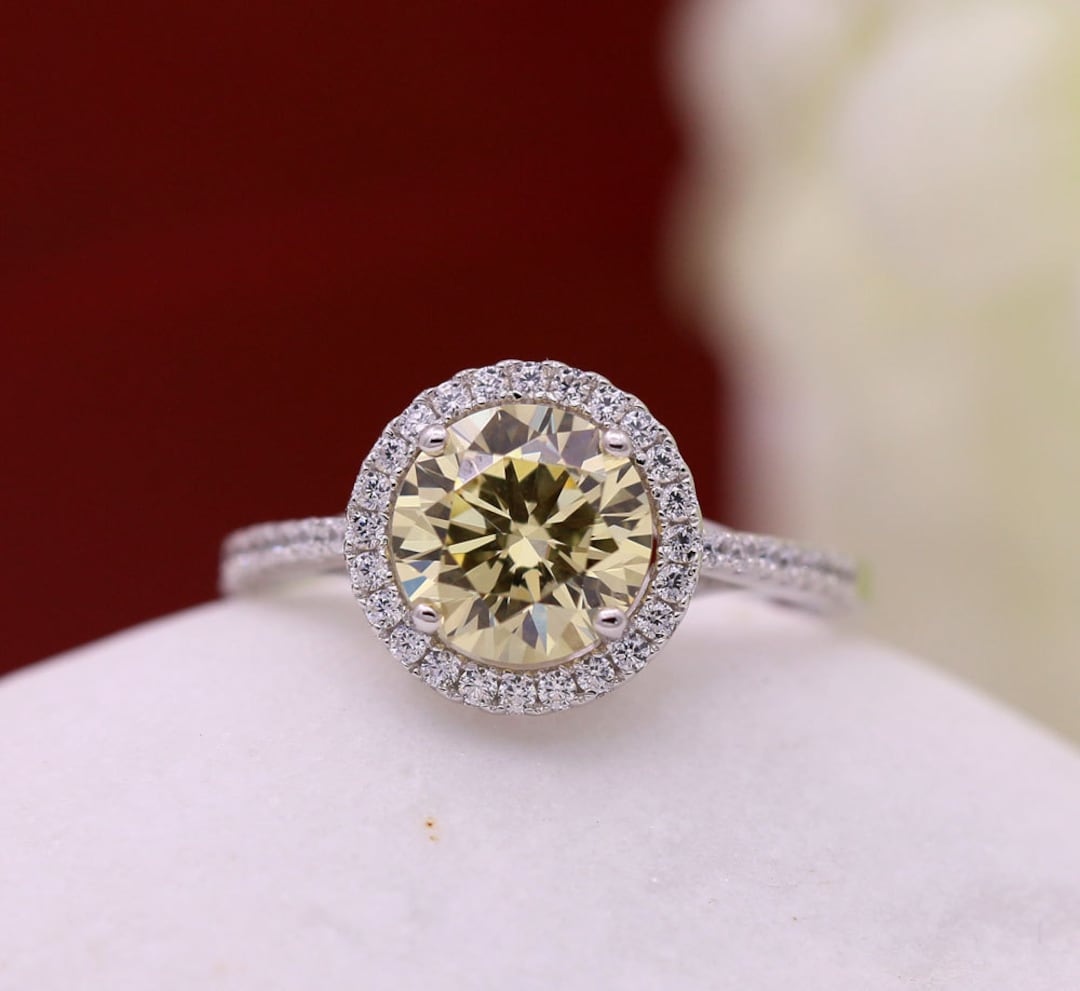 Light Canary Yellow Round Halo Engagement Ring - Wedding Ring - Promise ...