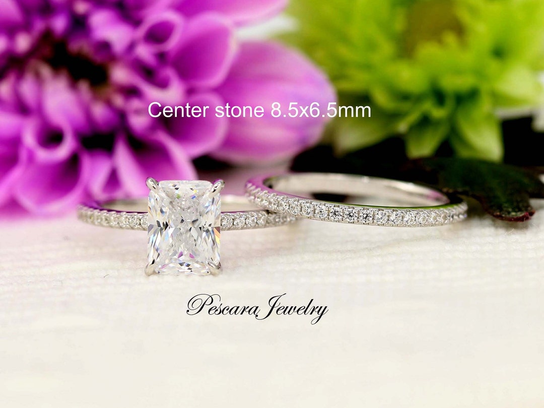 2ct Radiant Cut Engagement Ring Set, (8.5x6.5mm) Radiant Solitaire Ring ...