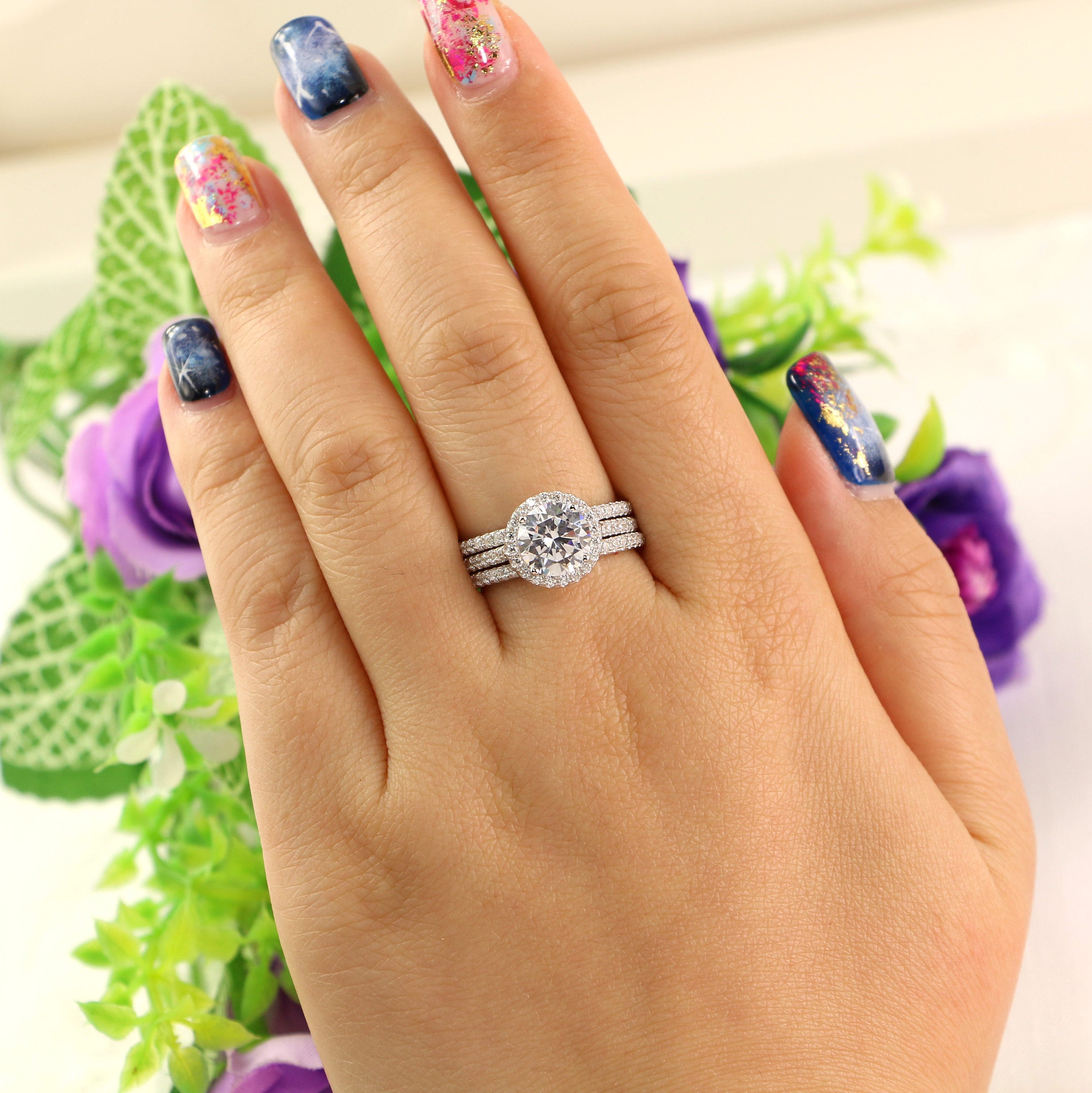 2 Carat Round Halo Bridal Half Band CZ & Silver Bridal Set - Etsy