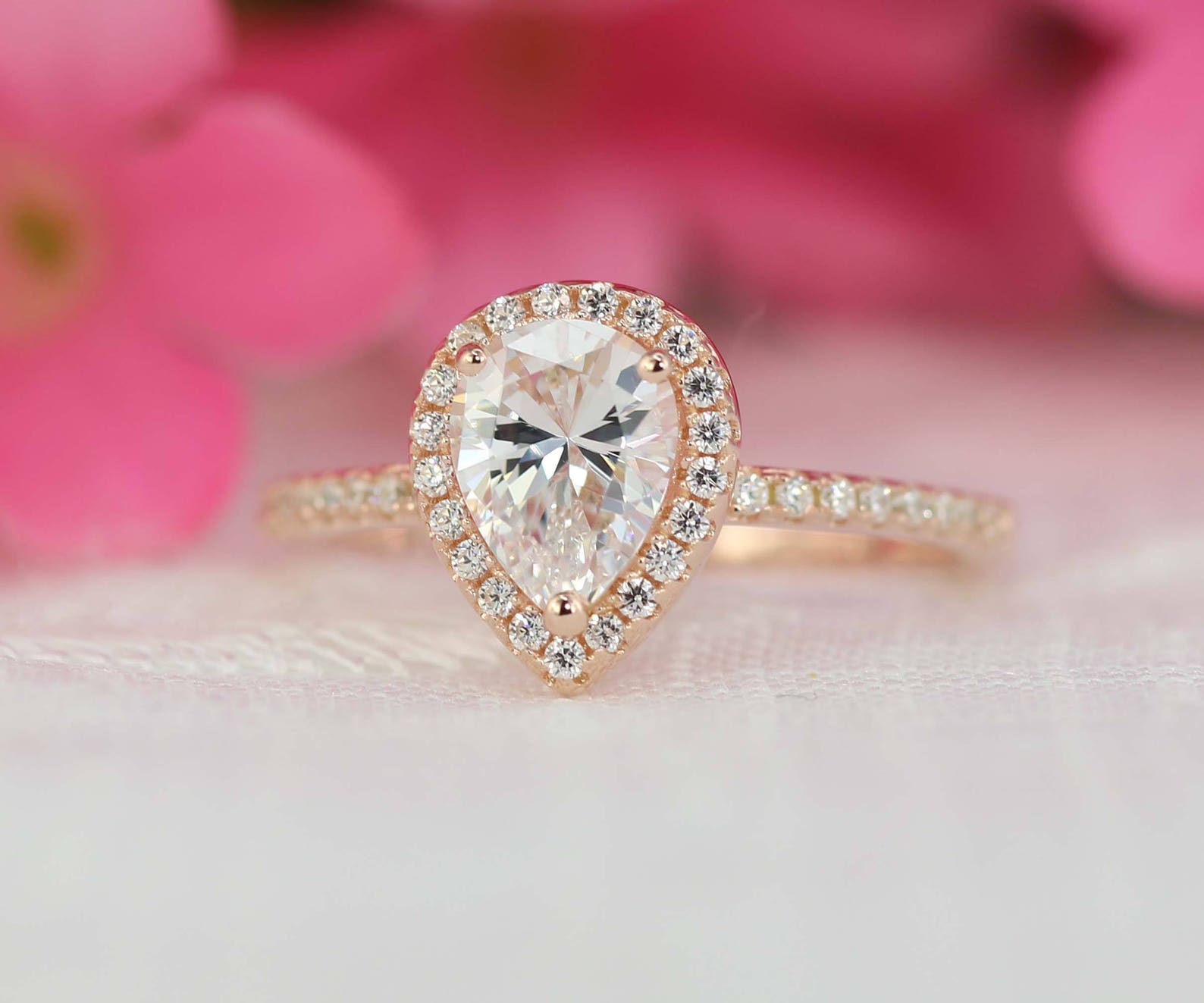 Rose Gold CZ Pear Engagement Ring Pear Cut Ring Pear Halo | Etsy