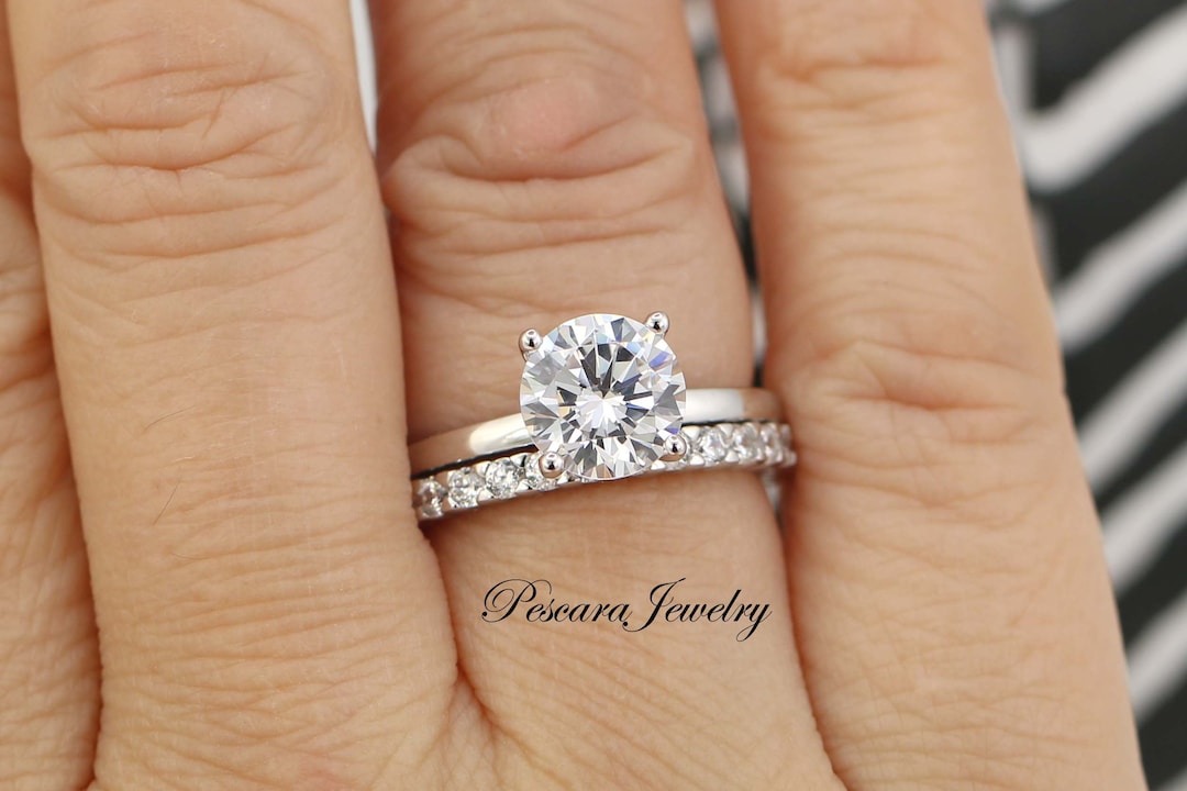 2 Carat Round Solitaire Stacking Engagement Ring Set 2mm Eternity Band ...