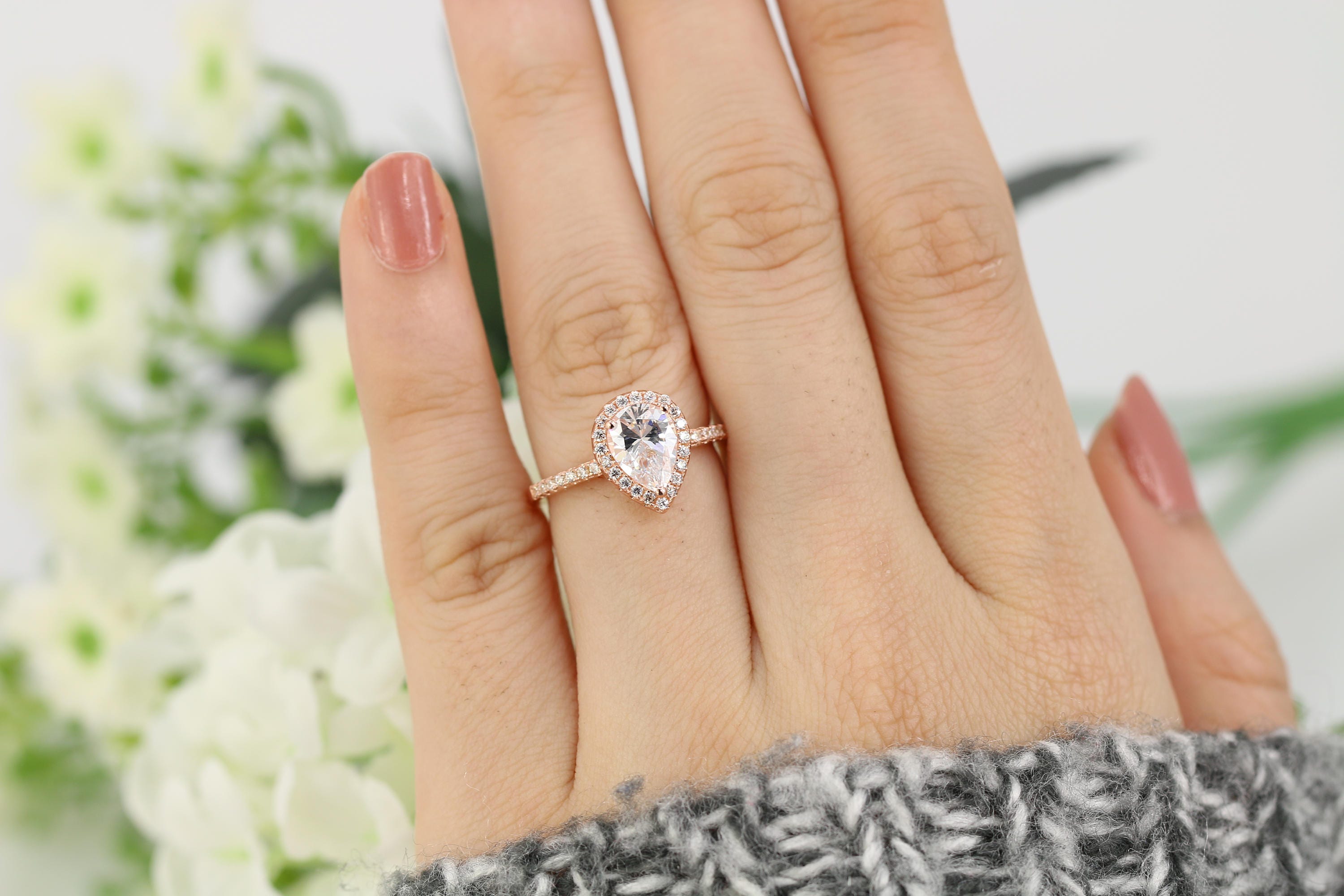 Rose Gold CZ Pear Engagement Ring Pear Cut Ring Pear Halo | Etsy