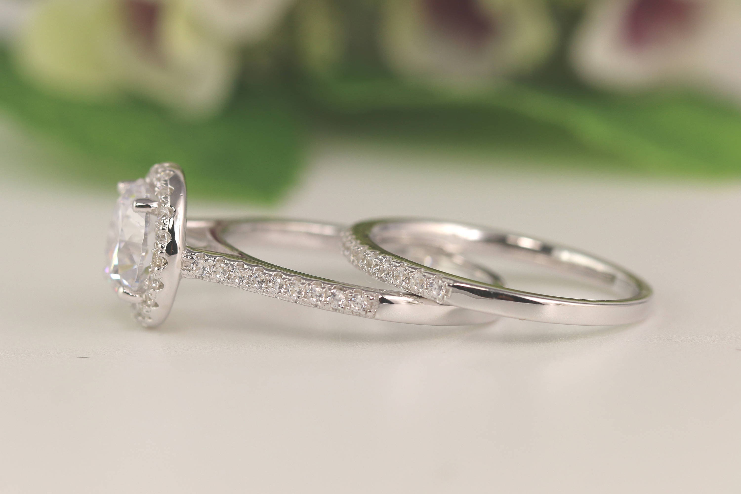 2 Carat Round Halo Bridal Half Band CZ & Silver Bridal Set - Etsy